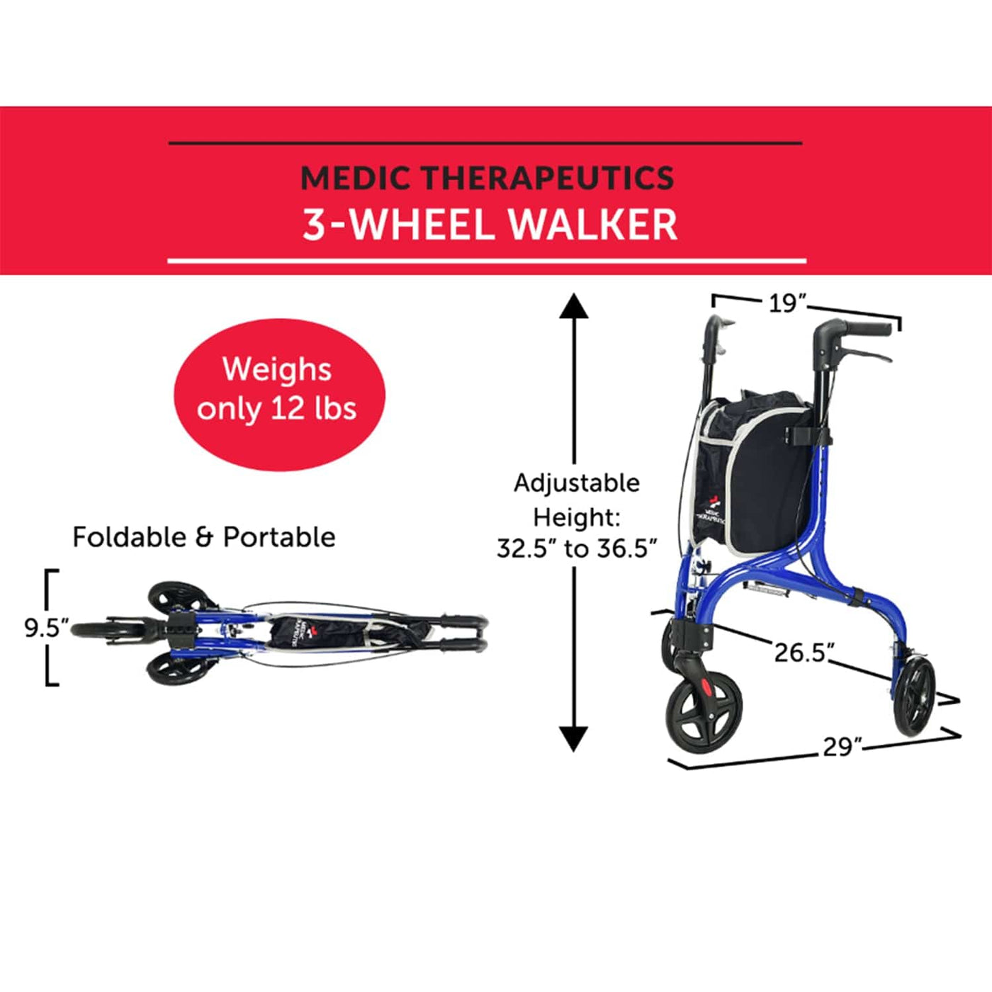 Lightweight Foldable 3-Wheel Rollator w/ Detachable Storage Bag — Medic ...